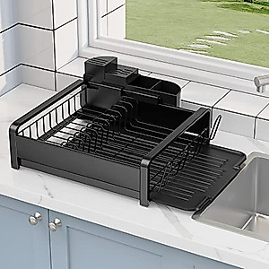 Nieifi Over The Sink Dish Drying Rack One Tier,Multifunctional Rust Proof Dish Rack with Utensil Holder for Kitchen Counter,Drying Rack with Removable Cutlery Box and Water Filter Tray Black
