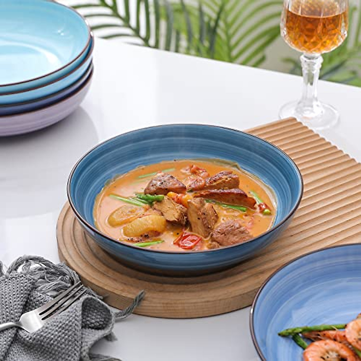 Selamica Porcelain 26 Ounce Salad Pasta Bowls, 8 inch Wide and Shallow Serving bowls, Microwave & Dishwasher Safe, Sturdy & Stackable, Set of 6, Gradient Blue