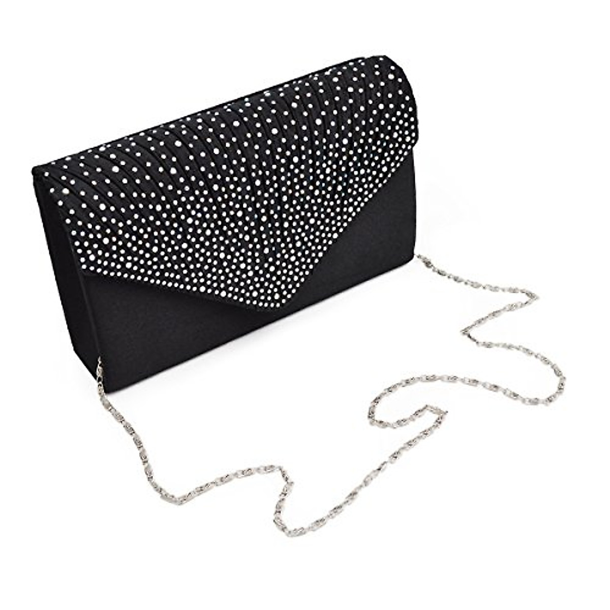 Premium Rainbow Rhinestones Pleated Front Satin Envelope Clutch Evening Bag, Black