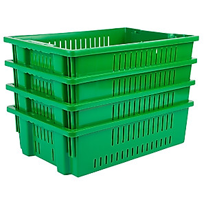 Hudson Exchange 20 x 13 x 5.6" (4.5 Gallon) Agricultural Nest and Stack Vented Crate Handled Storage Container Tote, Green (4 Pack)