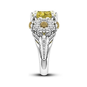 Jewels Store 2.5 Ct Round Cut Citrine Yellow Diamond Sunflower Design Engagement Ring in 925 Sterling Silver White Gold Finish (Silver, 5)