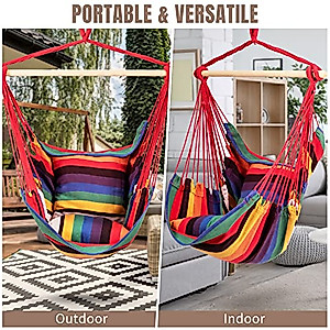 Tangkula Hanging Hammock Chair, Hanging Swing Chair with 2 Pillows, Wood Support Bar, Handmade Cotton Rope Hanging Seat for Indoor Outdoor, Ideal for Bedroom, Patio, Yard, Garden