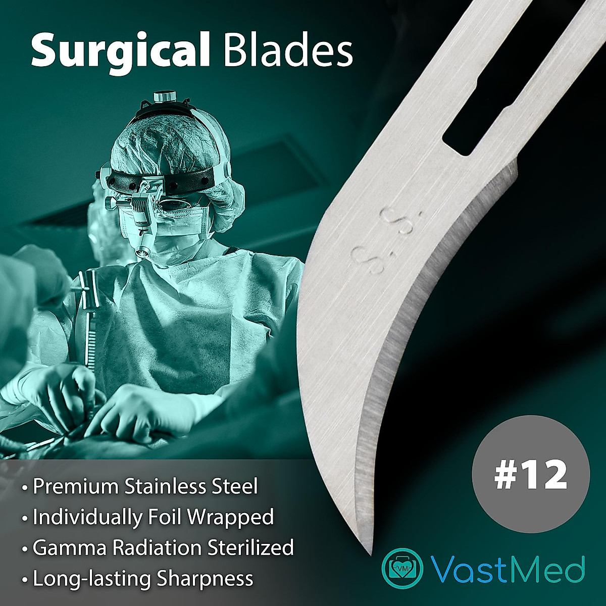100PCs Dental Grade #12 Stainless Steel Sterile Surgical Blades by VASTMED | Individually Wrapped High Stainless Steel Dermablade Surgical Blade
