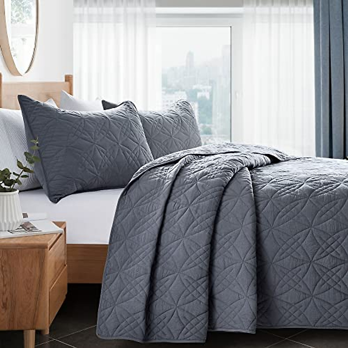 Peace nest 3 Piece Quilted Coverlet Set King Size Lightweight, All Season Bedspread Bed Cover with Pillow Shams, Dark Gray((106"X90")
