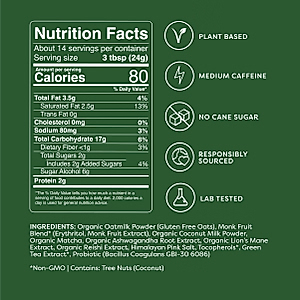 Clevr Matcha Green Tea Powder, Oat Milk Instant Latte Mix with Organic Matcha, Adaptogens, Mushrooms, Probiotics, Lion's Mane, Reishi and Ashwagandha