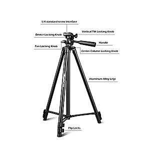 Ubeesize Tripod CT50 50” Phone Tripod Stand, Aluminum Lightweight Tripod for Camera and Phone, Cell Phone Tripod with Phone Holder and Carry Bag, Compatible with iPhone & Android