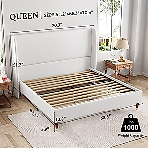 Jocisland Queen Size Bed Frame 51.2" High Linen Upholstered Platform Bed with Wingback Headboard/No Box Spring Needed/Easy Assembly/White