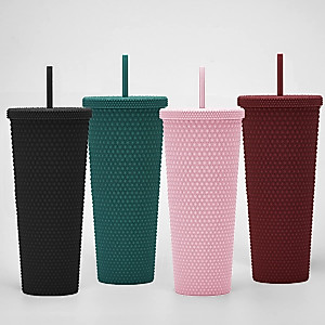 Essasea 24oz Fully Studded Tumbler.Matte Pink Studded Tumbler with Lid and Straw.Reusable Double Walled Insulated Travel Tumbler.Plastic Acrylic Pastel Colored Tumbler Cup for Iced Coffee Smoothie.