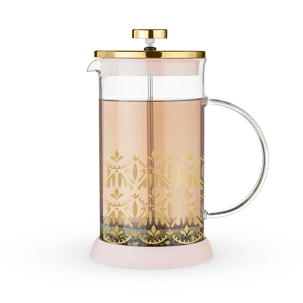 Pinky Up Riley Casablanca Glass Tea Press Pot, Coffee Maker, French Press for Loose Leaf Tea and Coffee, Hot or Iced Beverage Brewer, 34 oz, Pink And Gold