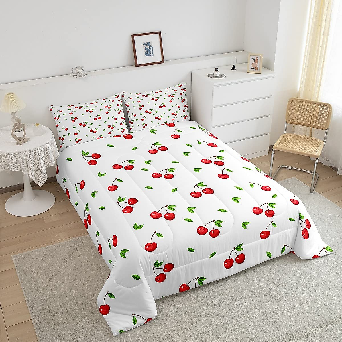 Erosebridal Cherry Bedding Set Pink Fruits Comforter Set for Adult Women Girls Kawaii Room Decor Bedding Duvet Soft Simple Style Quilted Duvet Teens Boys Cherry Print Down Comforter, Queen Size