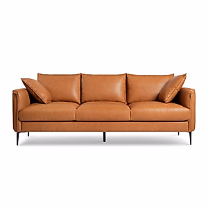 Valencia Jasper 85" Cognac Tan Brown 3 Seater Full Leather Couch | Mid Century Leather Sofa with 2 Pillows for Living Room Furniture | Plush Cushions, Nappa Leather Lounge Couch
