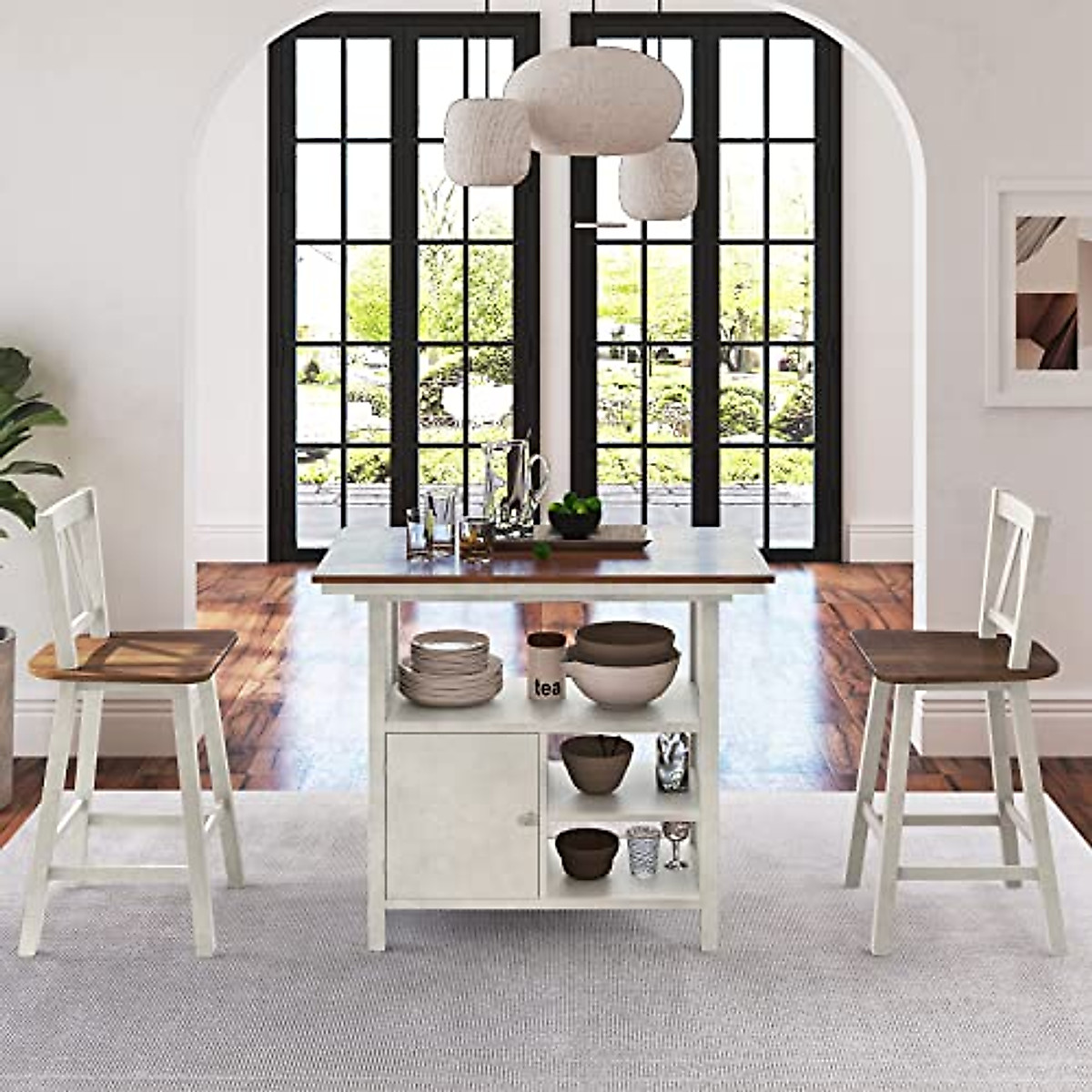 BNSPLY Kitchen Island with Storage and Seating, 3-Piece Dining Table Set for 2, Kitchen Island Table with Stools, Wooden Kitchen Table Set with Shelves for Small Places(Walnut+Distressed White)