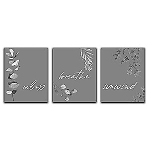 Relax, Breathe, Unwind Bathroom Wall Decor - Set of 3-8"x10" UNFRAMED Prints - Modern, Minimal, Boho, Zen Black And White Art - Bathroom Wall Art (Grey Background)