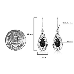 AeraVida Classic Vintage Simulated Black Onyx Filigree Teardrop .925 Silver Earrings, 0.43x1.46 inch | Vintage Earrings for Women | Elegant Black Earrings