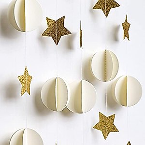 HappyField White Gold Baby Shower Decorations 2Pcs Glitter Gold Star White 3D Circle Garland Rustic Baby Shower Decorations Birthday Party Decorations Wedding Decorations Bridal Shower Decorations