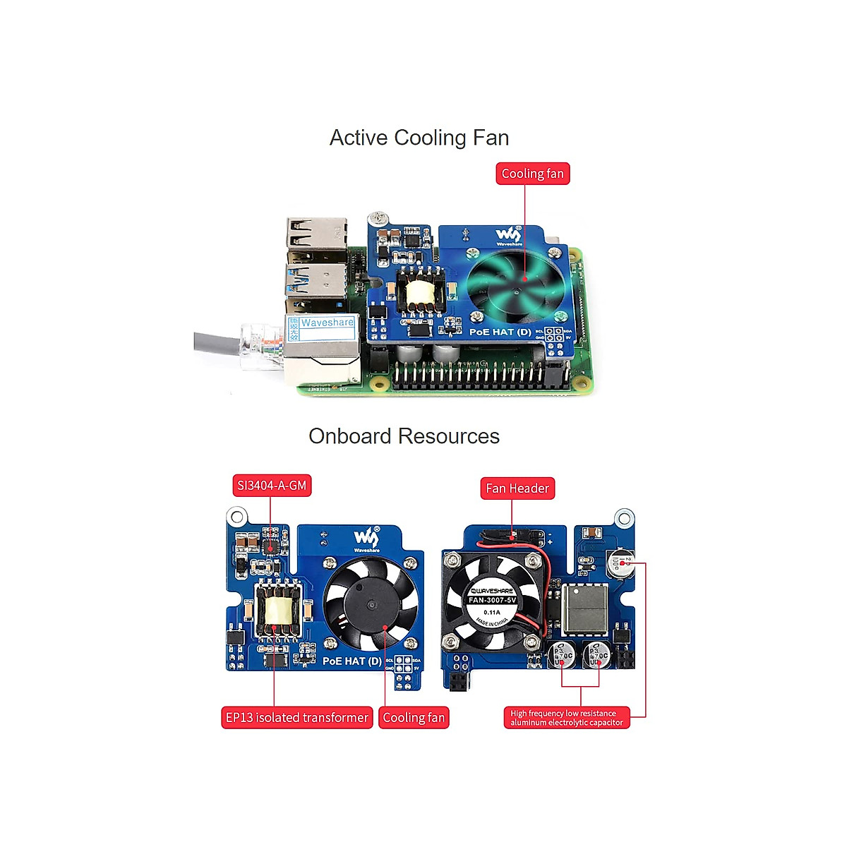 waveshare PoE HAT for Raspberry Pi 4 B/3 B+,Power Over Ethernet HAT (D) with Fan,Support IEEE 802.3af Network,Compatible with Raspberry Pi Official 4B Case