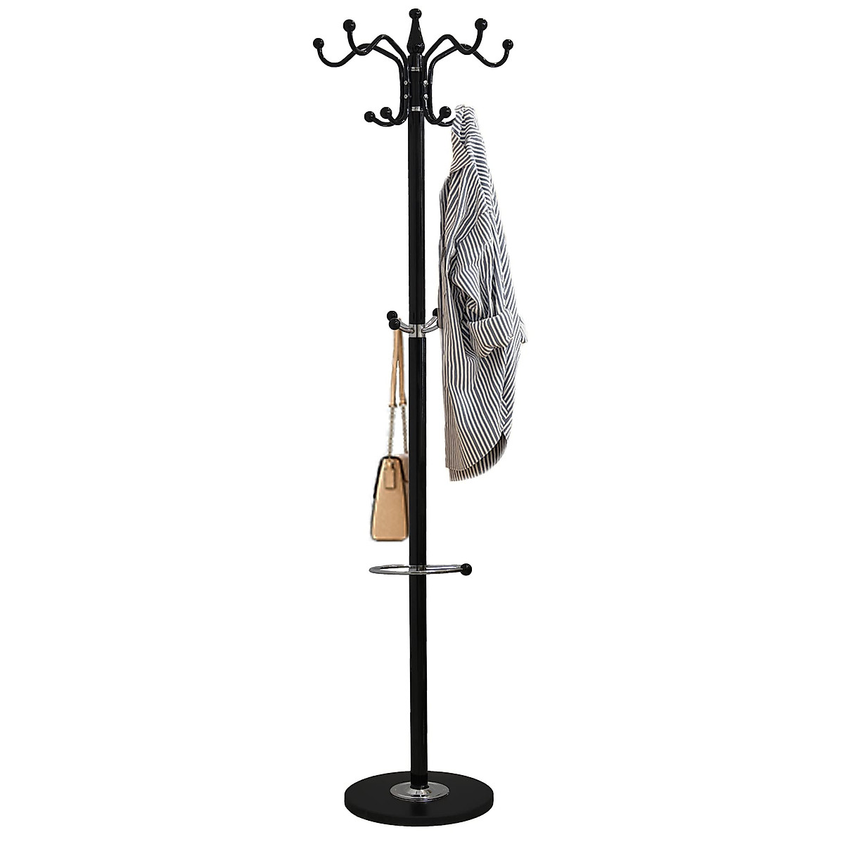 Sifenma Vertical Metal Coat Rack Stand with Marble Base, Clothes Tree, 15 Hooks for Hanging Coats, Jackets, Bags, Home Entrance Hat Hanger Organizer, Umbrella Tree, Freestanding Hall Tree(Black)