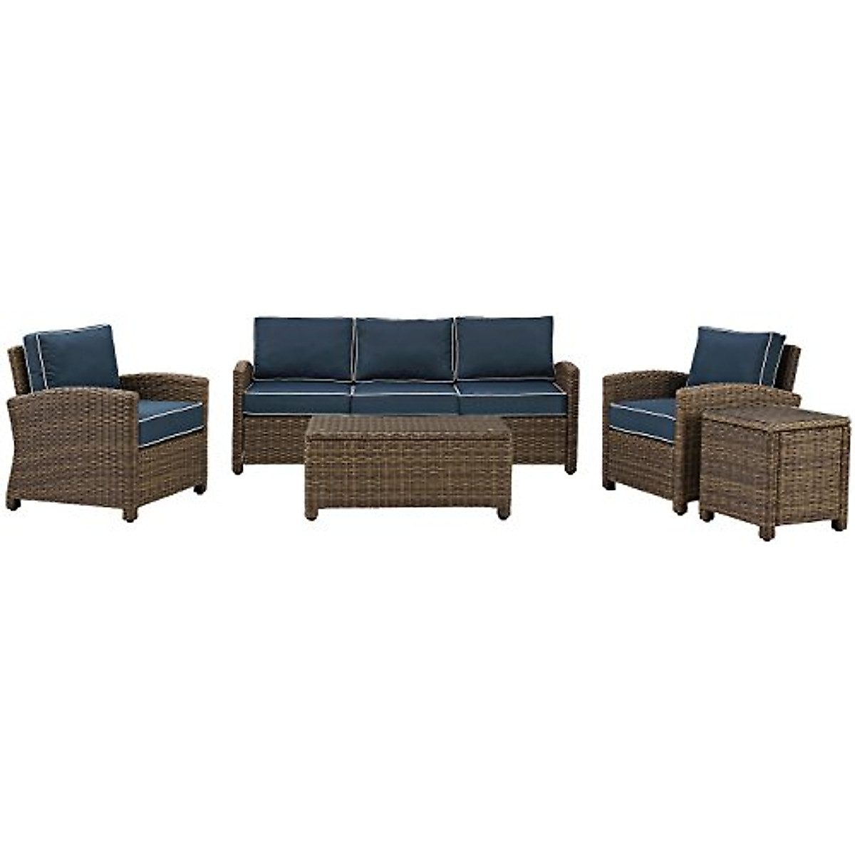 Crosley Furniture Bradenton 5-Piece Outdoor Sofa Patio Furniture Set, Wicker Conversation Sets for Porch, Brown with Navy Cushions