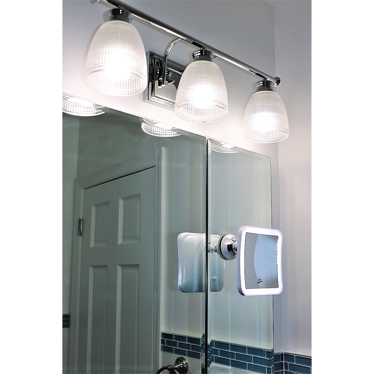 JiBen Square LED Lighted 10X Magnifying Makeup Mirror, Power Locking Suction Cup, Bright Diffused Light and 360 Degree Rotating Adjustable Arm, Portable Cordless Home and Travel Bathroom Vanity Mirror