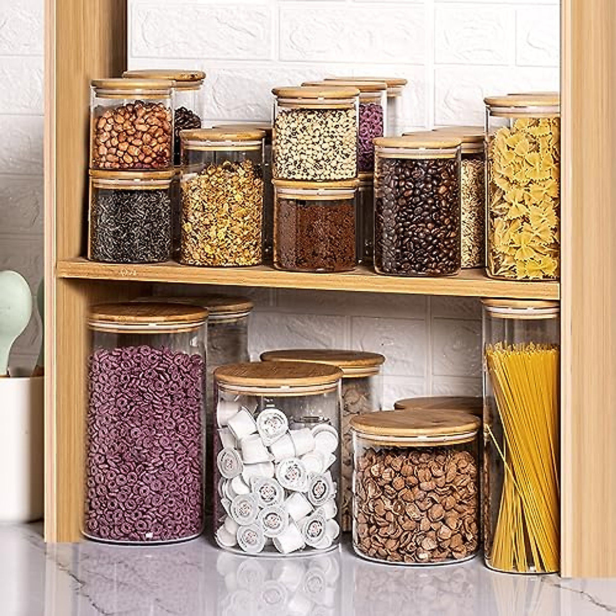 Laramaid Glass Jar Set (3x22oz/3x35oz) Set of 6 with 160 Minimalist Pantry Labels, Round Canister Jars with Bamboo Lids and Transparent Customized Sticker Labels, Food Storage Containers