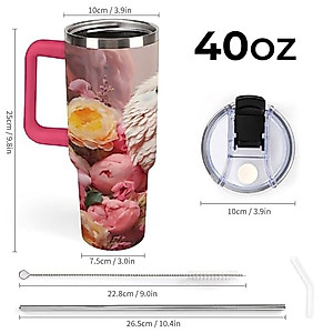 Flower Bird Peony Parrot 40 Oz Car Cup Stainless Steel Travel Mug Leak-Proof Insulated Tumbler with Handle Light Rose Red-style