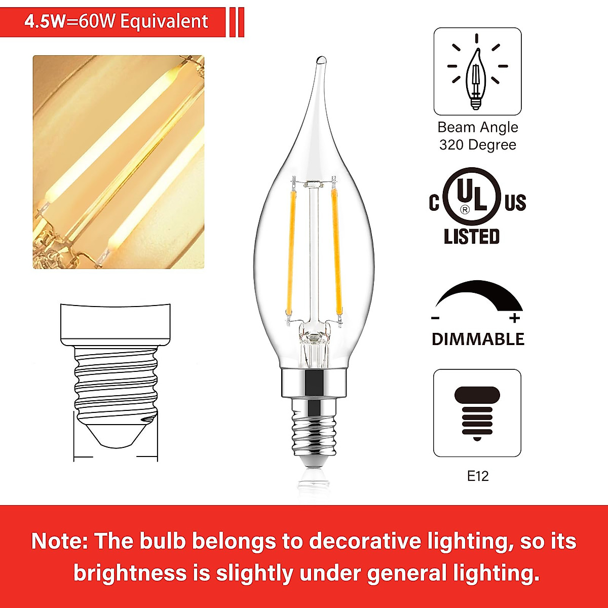 Sengled E12 Candelabra Bulb 60W Equivalent LED Chandelier Light Bulbs, 5W Dimmable E12 LED Bulb, 2700K Soft White 450LM Candelabra Base, Flame Tip Candle Light Bulbs, 12 Packs