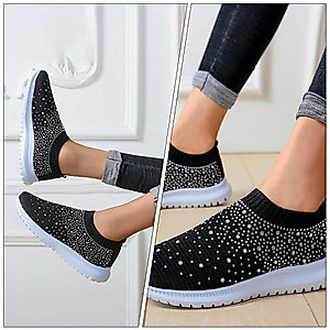 Holibanna Rhinestone Slip On Sneakers Breathable Sock Shoes Mesh Walking Running Sports Shoes Black