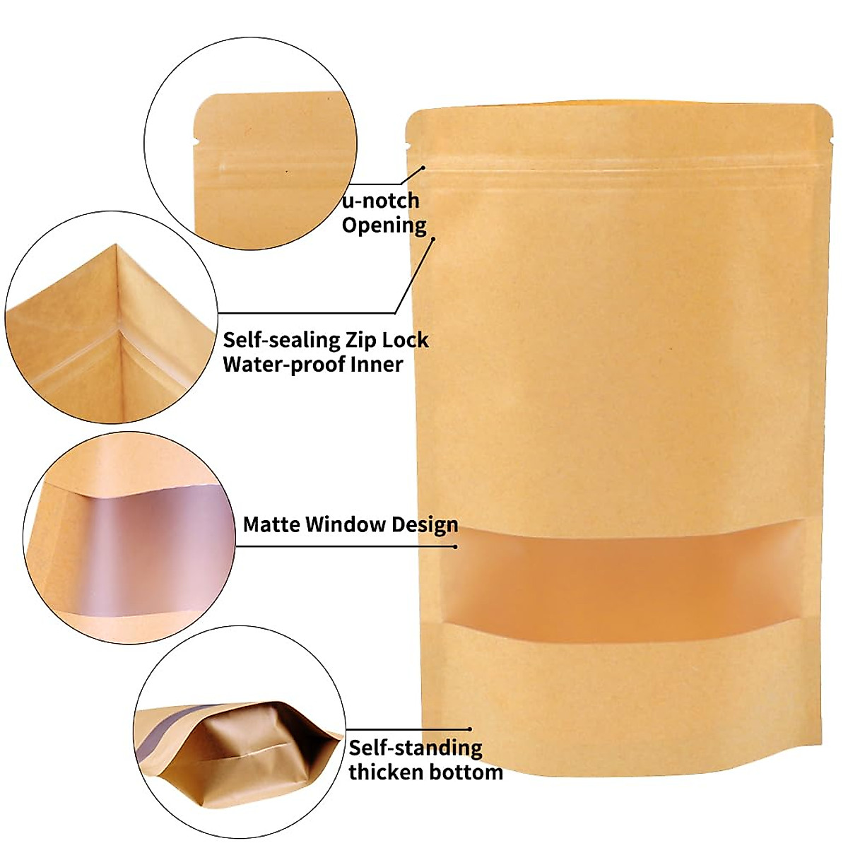 Moretoes 72pcs Resealable Bags with Window, 3.5 x 5.5 Inches Food Storage, Kraft Paper Stand Up Pouches, Treat, Coffee, Ziplock Bags for Home or Small Business for Packaging