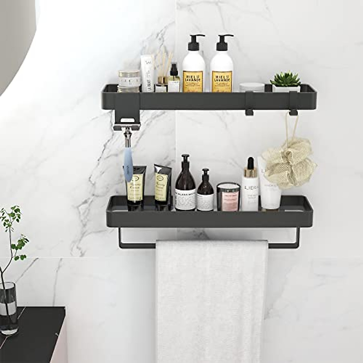 Boiarc Bathroom Shelves Acrylic Shower Shelves Wall Mounted Glass Shelves for Bathroom 2 Tier No Drilling Shower Shelf Storage Organizer with Towel Bar Black Acrylic Shower Caddy for Bathroom Kitchen