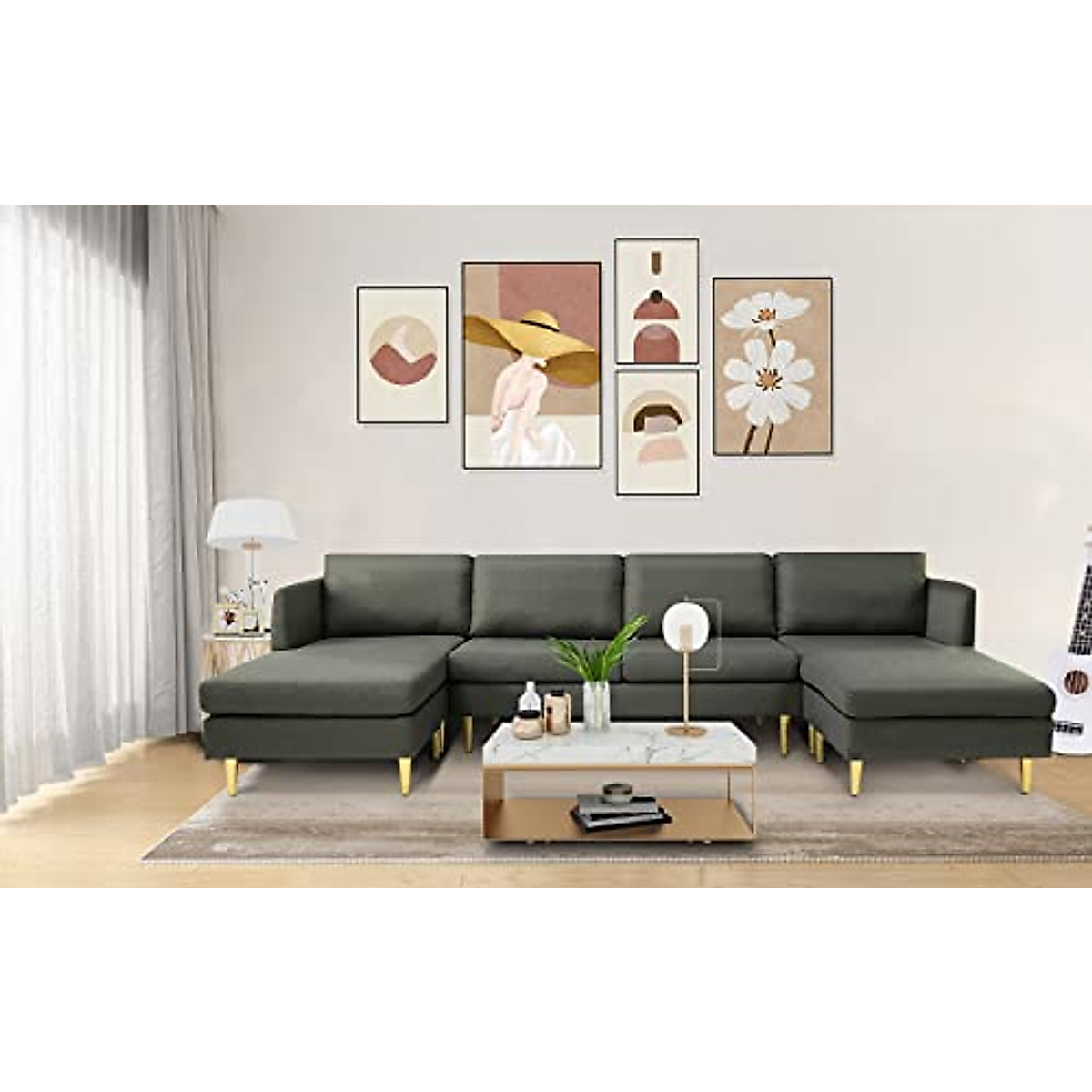 LCH Modern Large Velvet Fabric, U-Shape Couch with Storage and Reversible Chaise Lounge, Sectional Sofa for Living Room Apartment 122”, Up to 5 Seating Capacity, Dark Grey