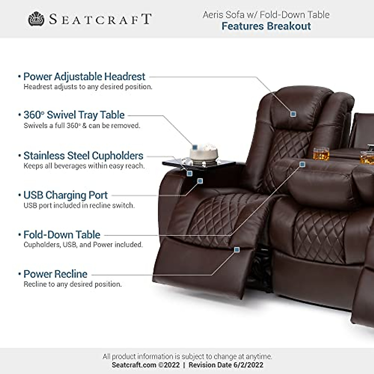 Seatcraft Aeris Sofa, Leather Gel, Powered Headrest, Power Recline, Fold-Down Table w/USB, Power, Brown