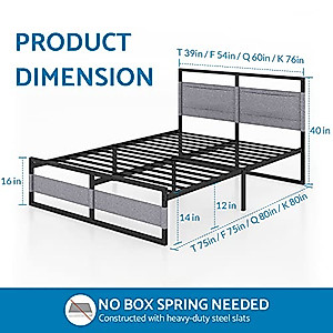 LIFERECORD Queen Metal Platform Bed Frame with Headboard and Pocket, Heavy Duty Steel Slat Bed No Box Spring Needed Noise Free Modern
