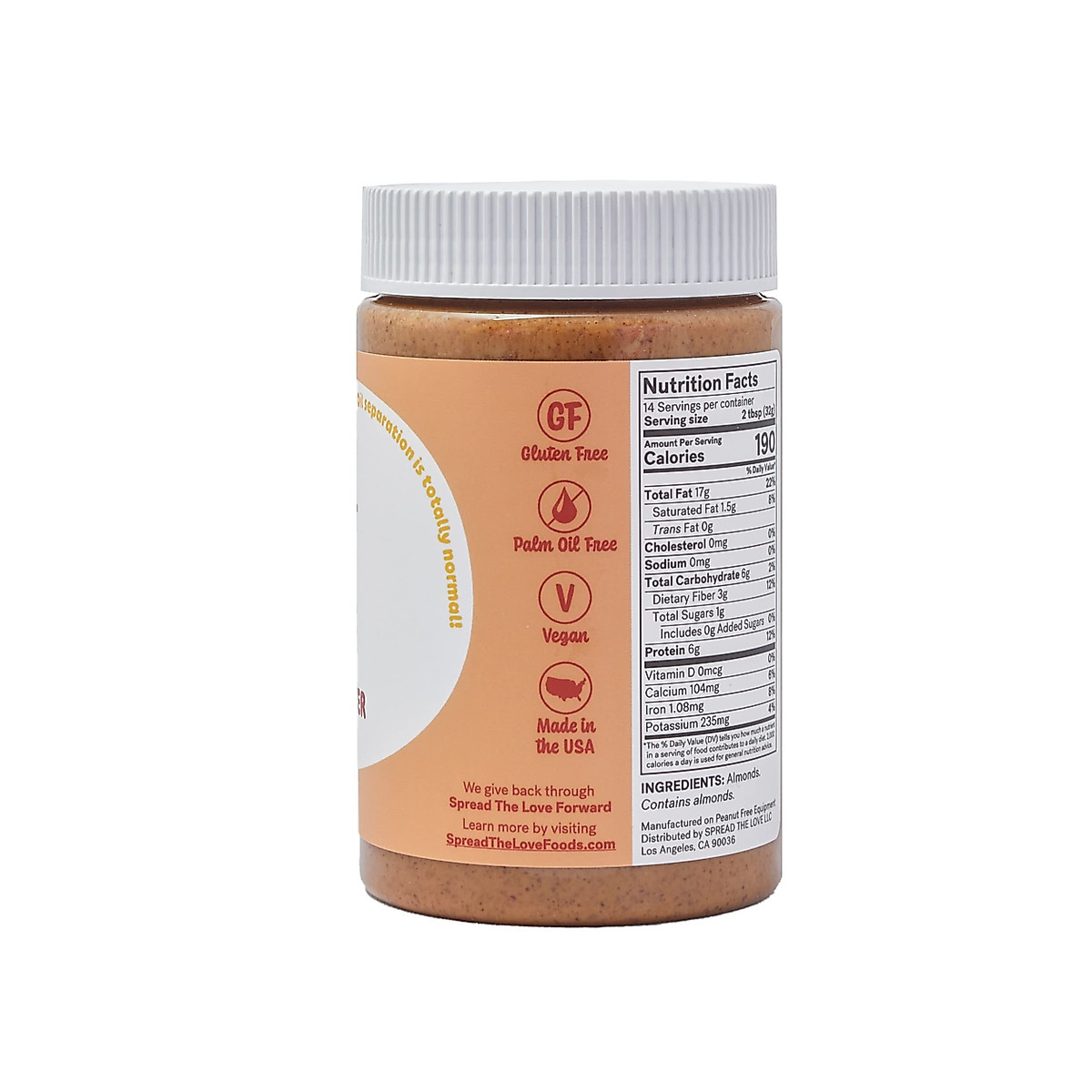 Spread The Love UNSALTED Almond Butter, 16 Ounce (All Natural, Vegan, Gluten-free, Creamy, No added salt, No added sugar, No palm fruit oil, Not pasteurized with PPO)
