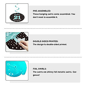 Happy 21st Birthday Party Hanging Swirls Streams Ceiling Decorations, Celebration 21st Foil Hanging Swirls with Cutouts for 21 Years Teal Silver Black Blue Birthday Party Decorations Supplies