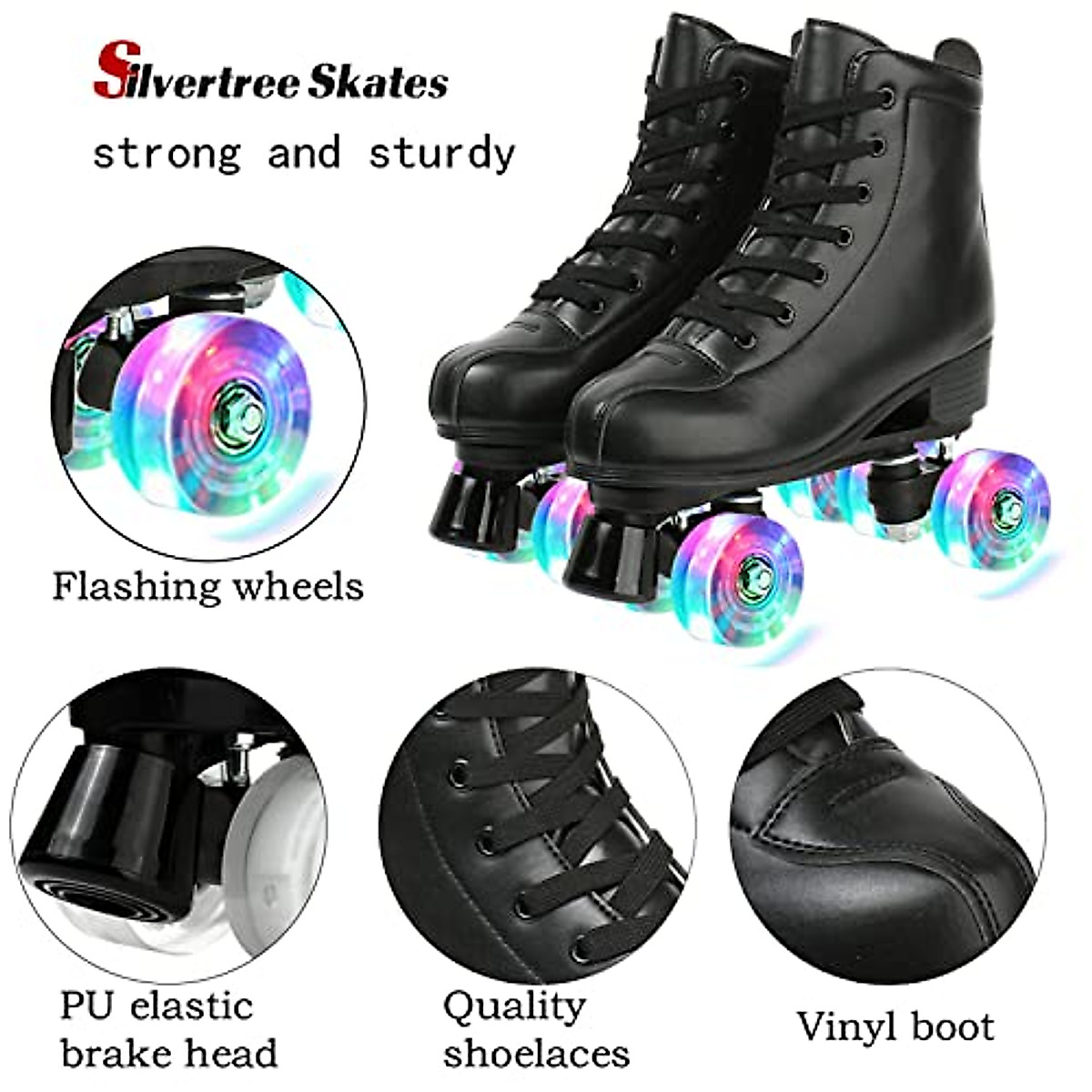 Roller Skates PU Leather High-top Roller Skates Four-Wheel Roller Skates Shiny Roller Skates with Carry Bag for Girls and Boys (Flash Wheel,US:5)