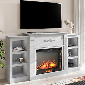 Della Electric Faux Fireplace TV Stand Mantel Heater, Entertainment Center with Built-In Bookshelves and Cabinets, Remote Control and Enhanced Log Display - White
