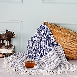 Indian Haat Bazaar Throw Blanket - Pure Cotton Diamond Pattern Countryside Boho Farmhouse Soft and Warm Cozy Blanket & Throws for Sofa - Blue - 50x60 Inches (TRW00001-NB-5060)