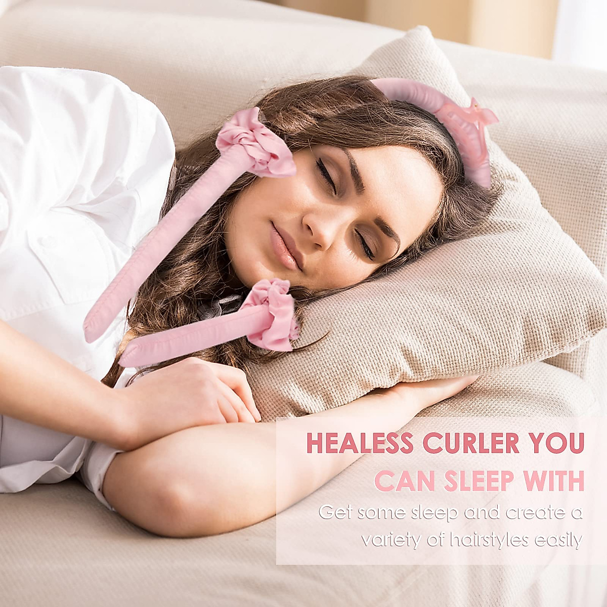 Xijiah-HAUKL Heatless Curling Rod Headband Hair Curlers to Sleep in Soft Silk Satin Absorbent Overnight curlers Long Hair curlers with Hair Clips can be Styled, Pink, 1, 1.0 Count