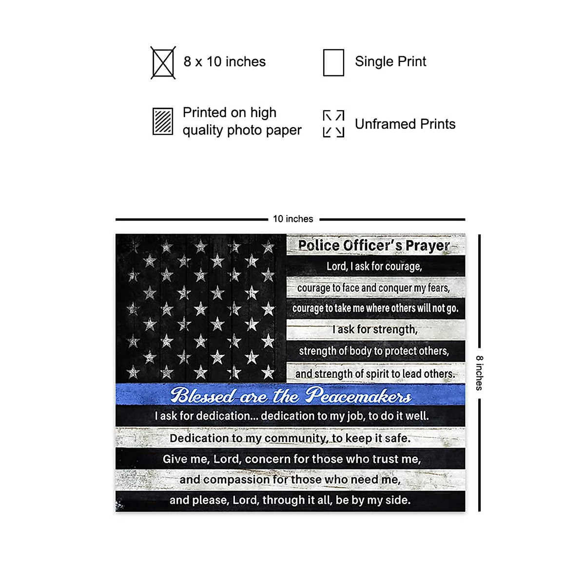 Police Officers Prayer Wall Art Print - Inspirational Religious Patriotic Thin Blue Line American Flag - Patriotic Gift for Cops, First Responders, Law Enforcement - Home or Room Decor Poster