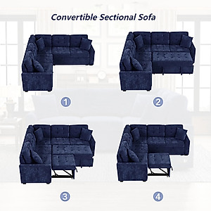 ChicFurnit Sofa Bed,Convertible Sleeper Sofa with Pull-Out Bed & Discreet Wheels,Modern 82.6'' L-Shape Upholstered Couch Bed with Integrated USB Ports and Power Sockets for Living Rooms,Navy Blue