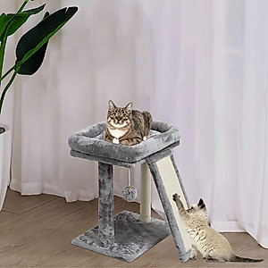 SYANDLVY Small Cat Tree with Scratching Post, Cat Scratching Board for Adults, Cat Post Scratcher for Indoor Cats, 2 Dangling Balls Great for Kittens (Light Grey)