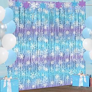 Frozen Party Decorations, 2Pack Frozen Snowflake 3.3x6.6ft Tinsel Foil Fringe Curtains Winter Photo Booth Prop Backdrops, Frozen Decorations for Birthday Snowflake Fringe Curtains for Frozen Party