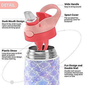 MCHIVER Mermaid Scales Kids Water Bottle with Straw Insulated Stainless Steel Kids Water Bottle Thermos for School Boys Girls Leak Proof Cups 12 oz / 350 ml Pink Top
