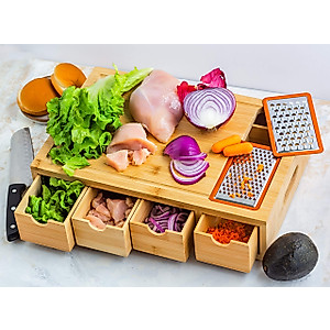 ecozoi Bamboo Cutting Board with 4 Slide Out Drawers with 4 Bamboo Lids for Easy Storage, Non Slip Meal Prep Station, Chopping Board, Wooden Butcher Block with Juice Groove and 2 Bonus Graters