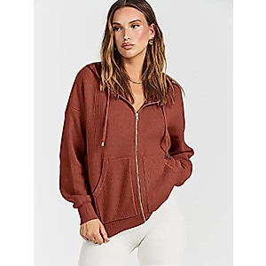 ANRABESS Women's Sweater Hoodies 2023 Fall Oversized Full Zip Up Jackets Long Sleeve Crewneck Sweatshirt Casual Loose Ribbed Knit Pullover Top with Pocket 791xiuhong-L Rust