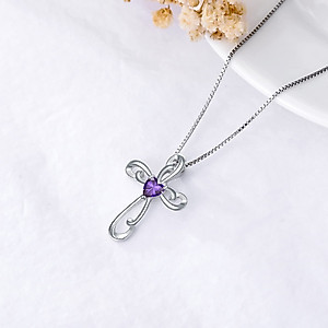 Cross Necklace for Women 925 Sterling Silver Birthstone Necklace Twisted Faith Cross Crucifix Pendant with Heart Shape Zirconia Fine Jewelry Birthday Gift for Her,18-20inches