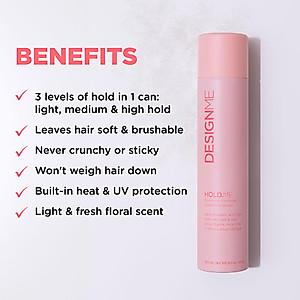 HOLD.ME Three-Way Hairspray by DESIGNME | Hairspray with Light, Medium, & High Hold Options | Extra Hold Hair Spray with Thermal Protectors & Vitamin B5 | Scented Hair Setting Spray, (9.5 Oz)