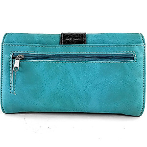 Justin West Tooled Laser Cut Leather Floral Embroidery Rhinestone Buckle Studded Shoulder Concealed Carry Tote Style Handbag Purse (Turquoise Purse and Wallet Set)