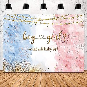 MEHOFOND 8x6ft Blue Pink Gender Reveal Backdrop Boy or Girl Party Decoration Photography Background Watercolor Rose Gold and Navy Blue He or She Pregnancy Reveal Surprise Party Photoshoot Banner