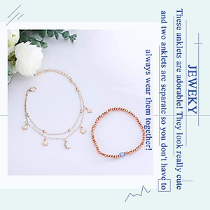 Jeweky Boho Three Layered Beaded Ankle Bracelets Gold Moon Summer Beach Anklet Chain for Women